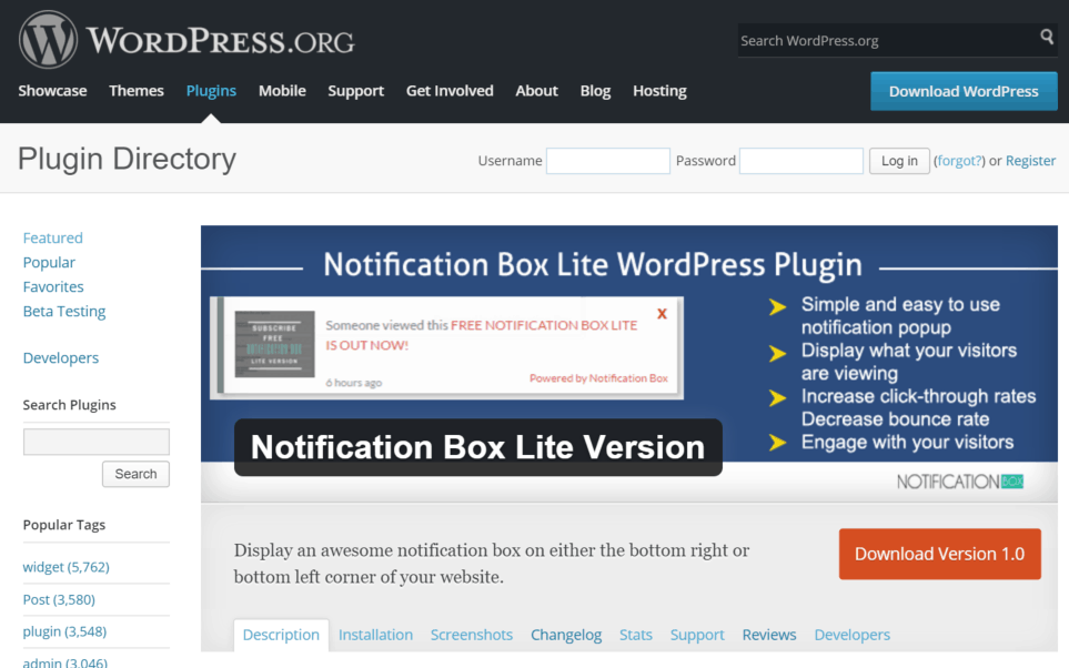 NOTIFICATION BOX LITE LIVE ON WORDPRESS PLUGIN DIRECTORY - Notification Box